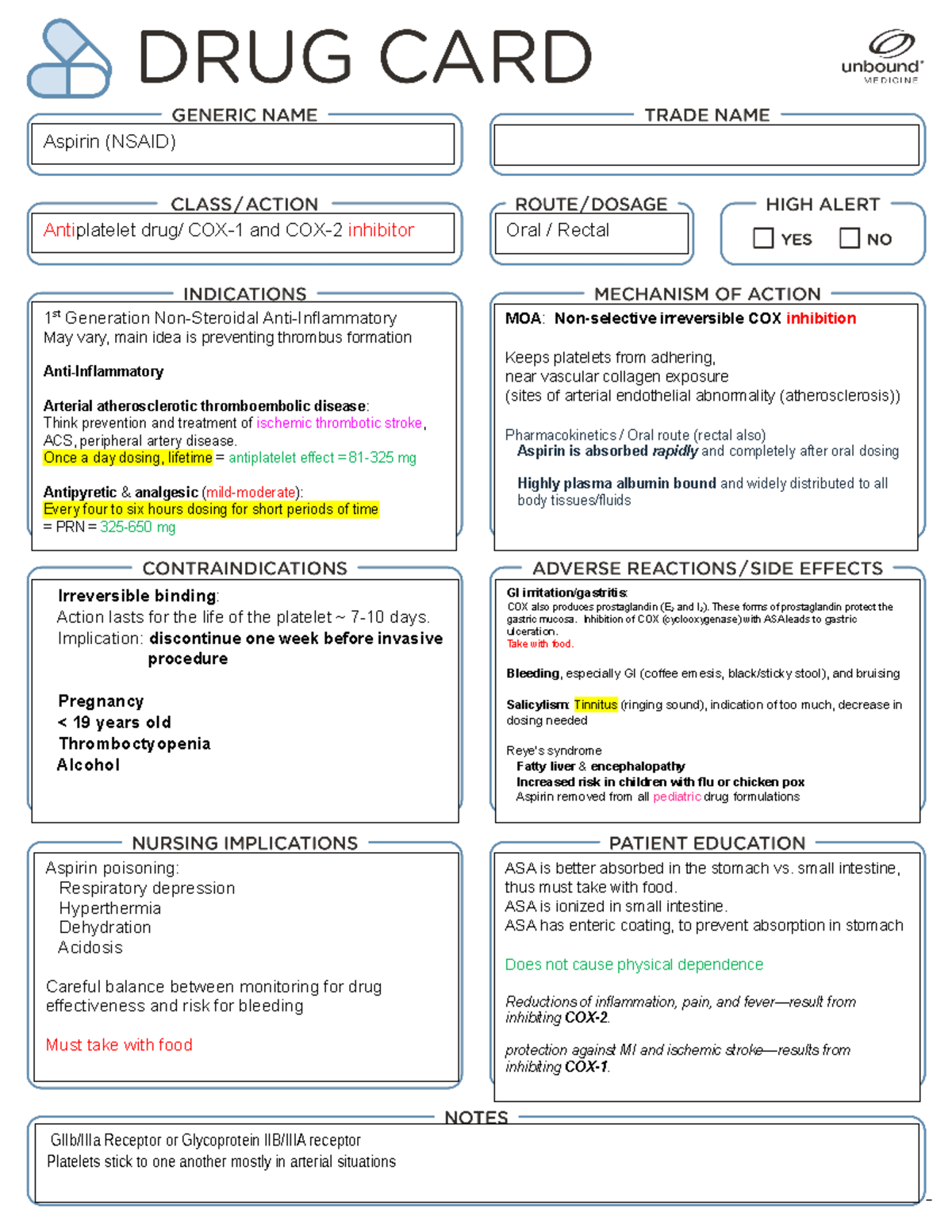 Aspirin Drug Card - Overview of COX Inhibition & Antiplatelet Effects ...
