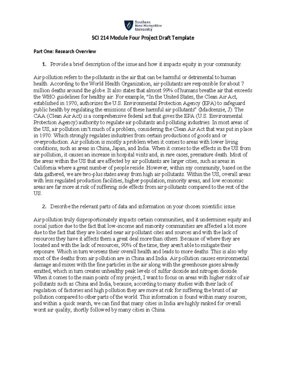 SCI 214 Module Four Project Draft: Air Pollution & Community Equity ...