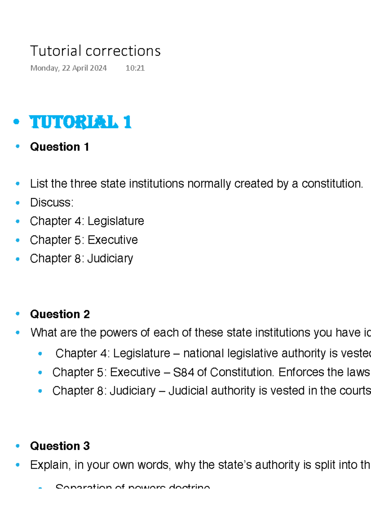 Constitutional Law S1 Tutorial Corrections and Exam Notes - Studocu