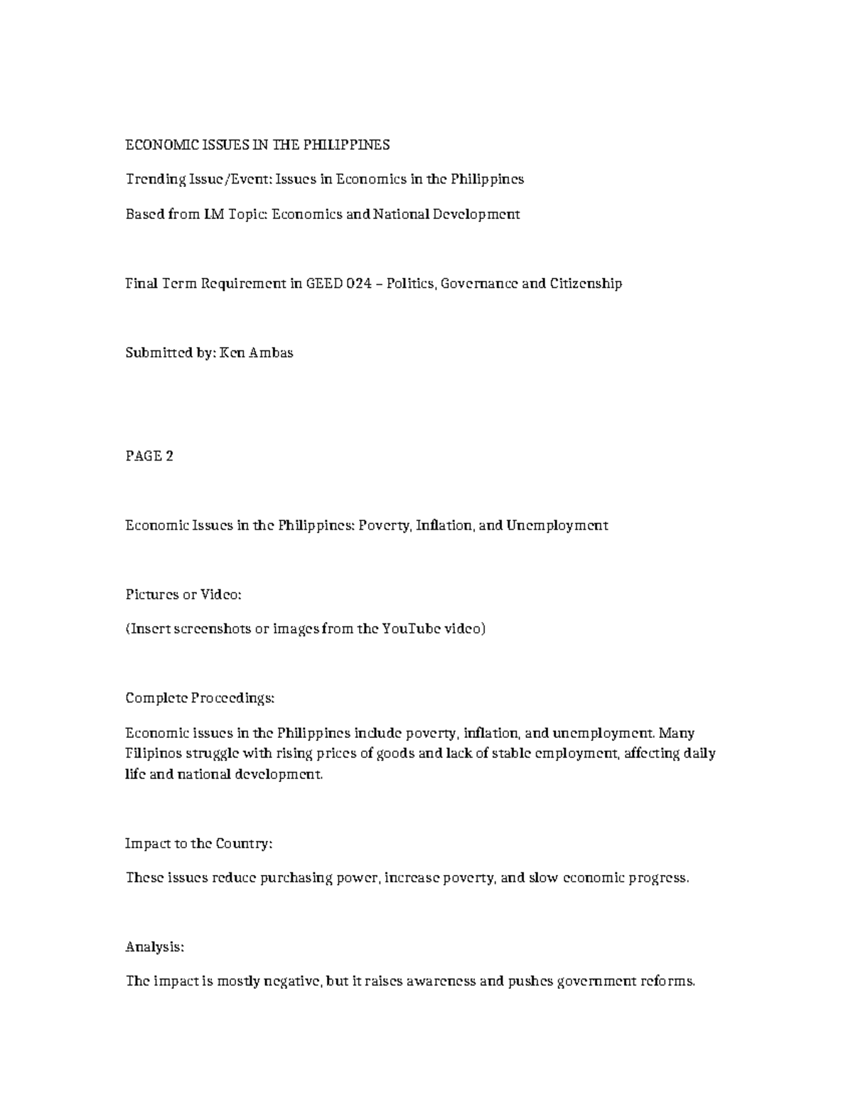 GEED 024 Final Term Report: Economic Issues in the Philippines - Studocu