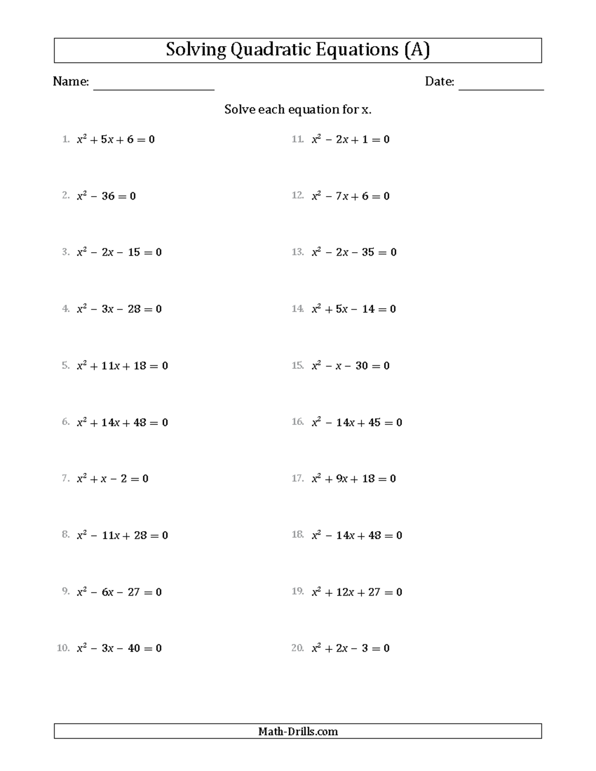 Quadratic Equations Solutions (A) - Solve for x = 0 - Studocu