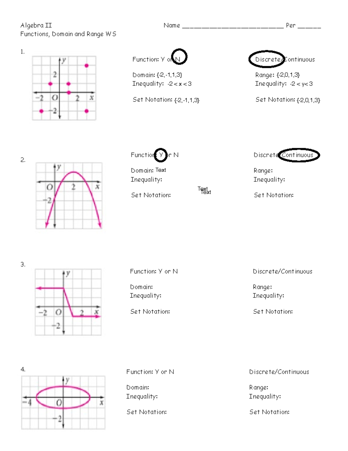 Algebra II Functions, Domain & Range Worksheet 8.18.25 - Studocu