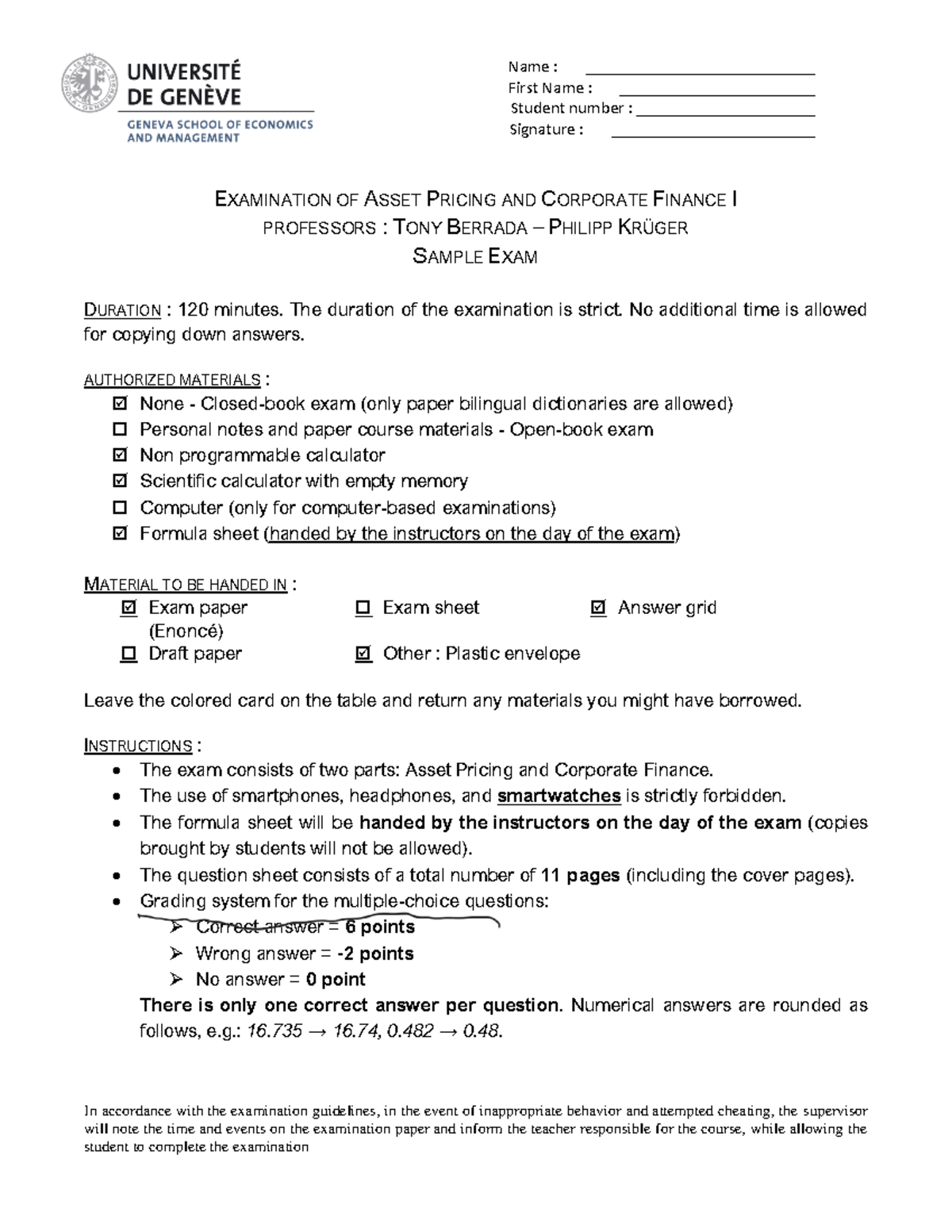 Sample Exam 2023: Asset Pricing & Corporate Finance I (FIN 101) - Studocu