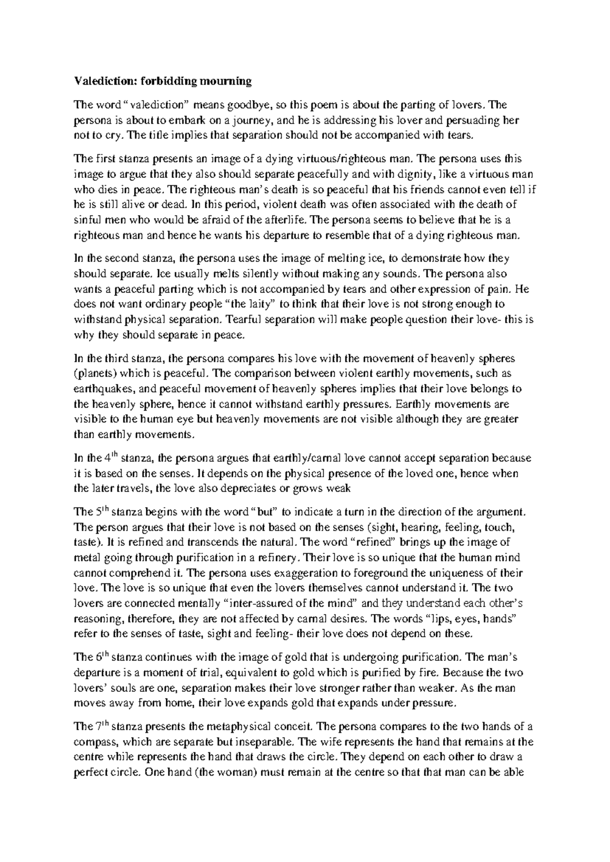 Valediction Forbidding Mourning Analysis and Insights (ENG 101) - Studocu