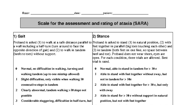 SARA Scale for Ataxia Assessment: Gait, Stance, Sitting, Speech - Studocu