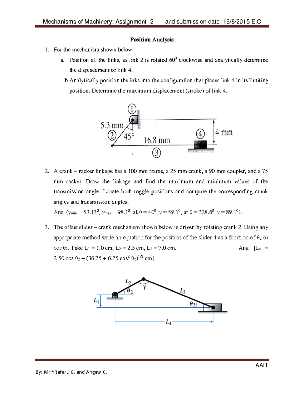 Assignment 2: Mechanism and Acceleration Analysis in AAiT - Studocu