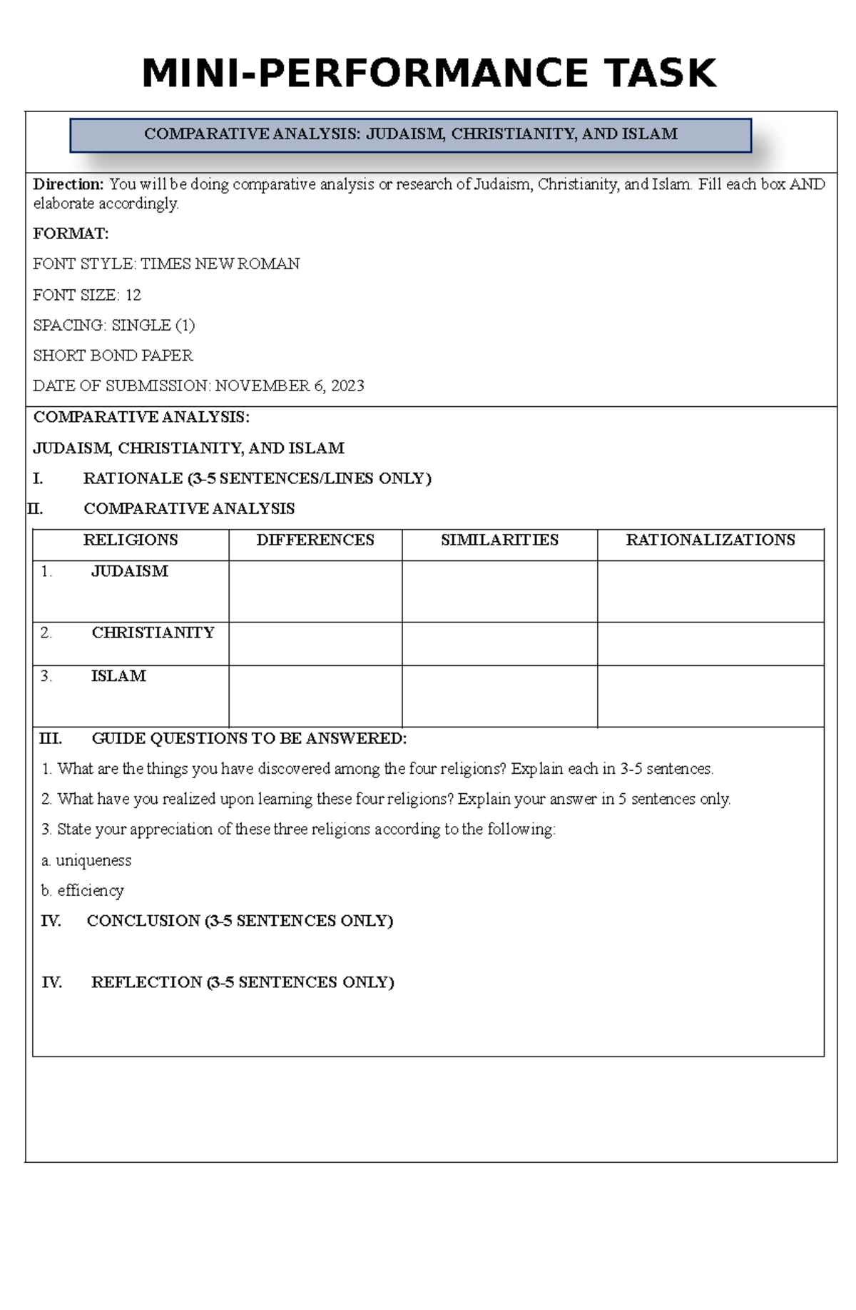 Religion-MINI- Performance-TASK - MINI-PERFORMANCE TASK Direction: You will be doing comparative ...