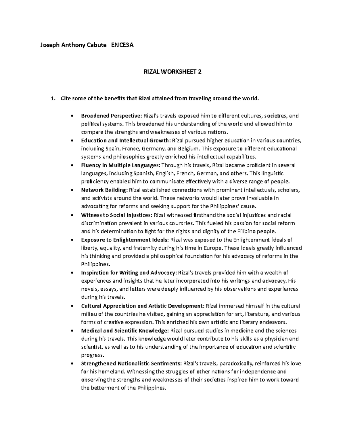 ENCE3A Rizal Worksheet 2: Benefits of Rizal's Global Travels - Studocu