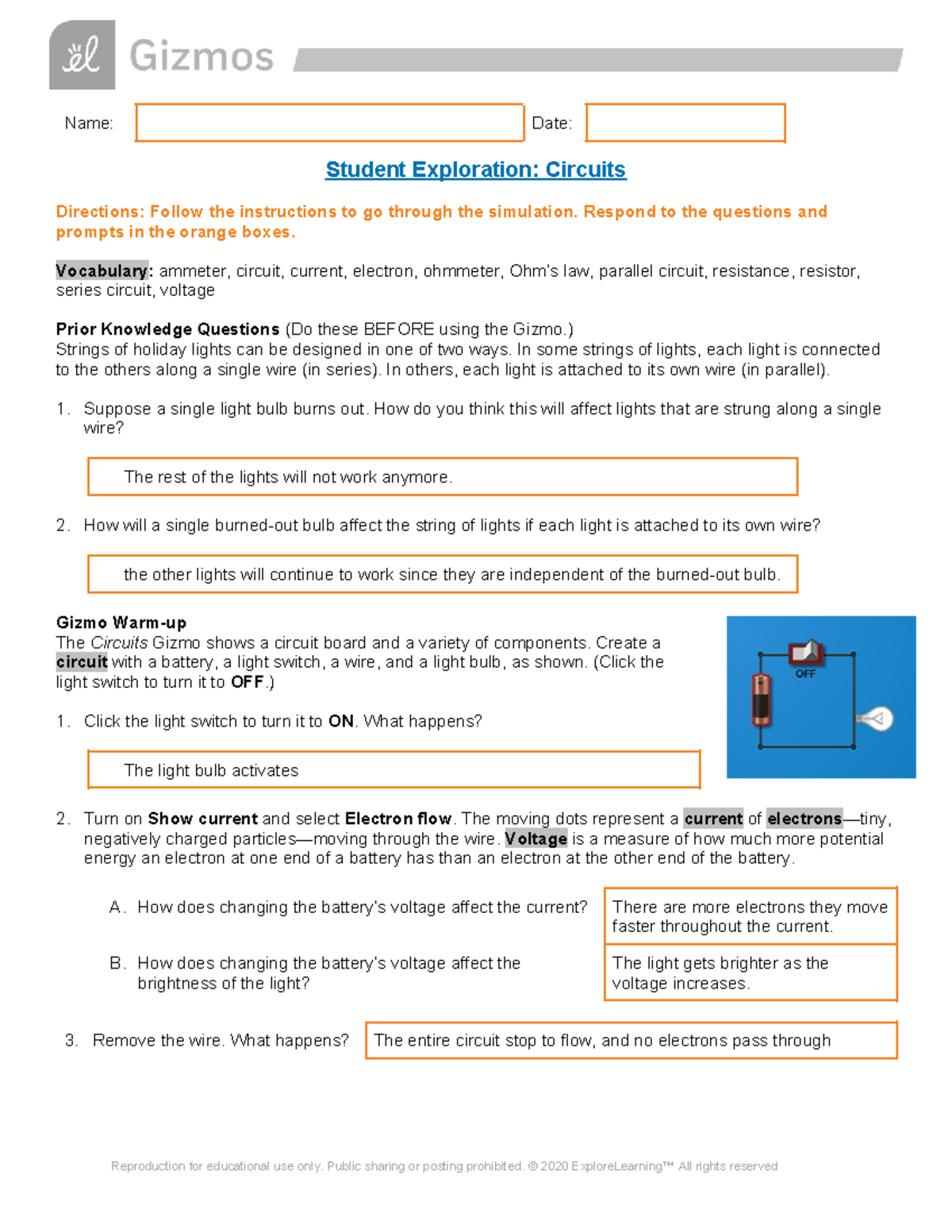 Circuits SE - Answer Key for Student Exploration Activity - Studocu