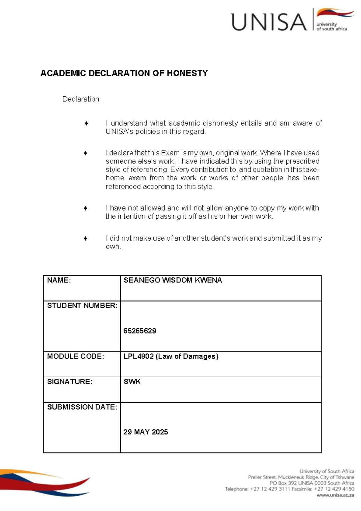LPL4802 Final Exam Academic Declaration of Honesty - Studocu