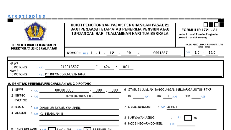 Formulir 1721-A1: Pemotongan PPh Pasal 21 untuk Karyawan - Studocu