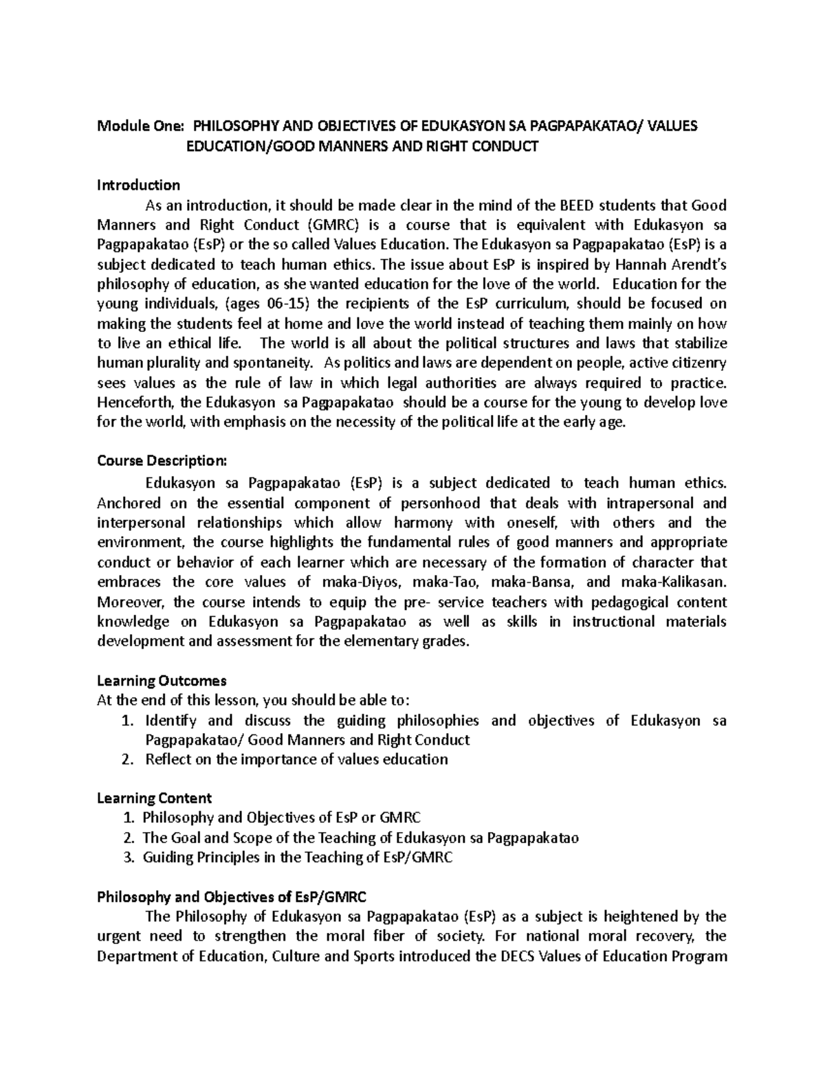 GMRC Module 1: Philosophy and Objectives of Good Manners and Right ...