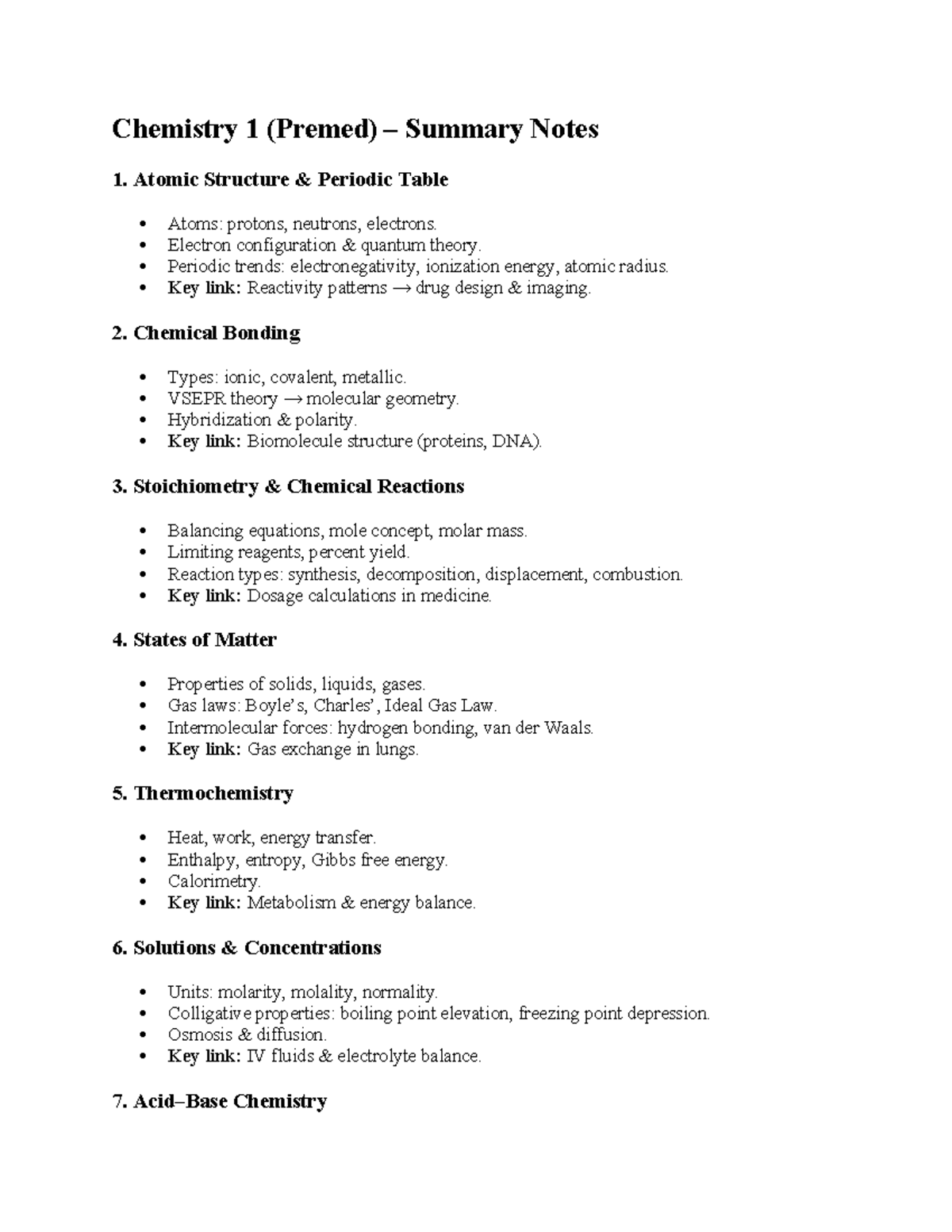 Chemistry 1 (Premed) Summary Notes: Atomic Structure & More - Studocu