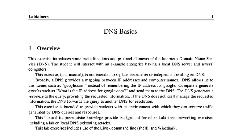 Labtainer 1: DNS Basics Overview and Exercise Guide - Studocu