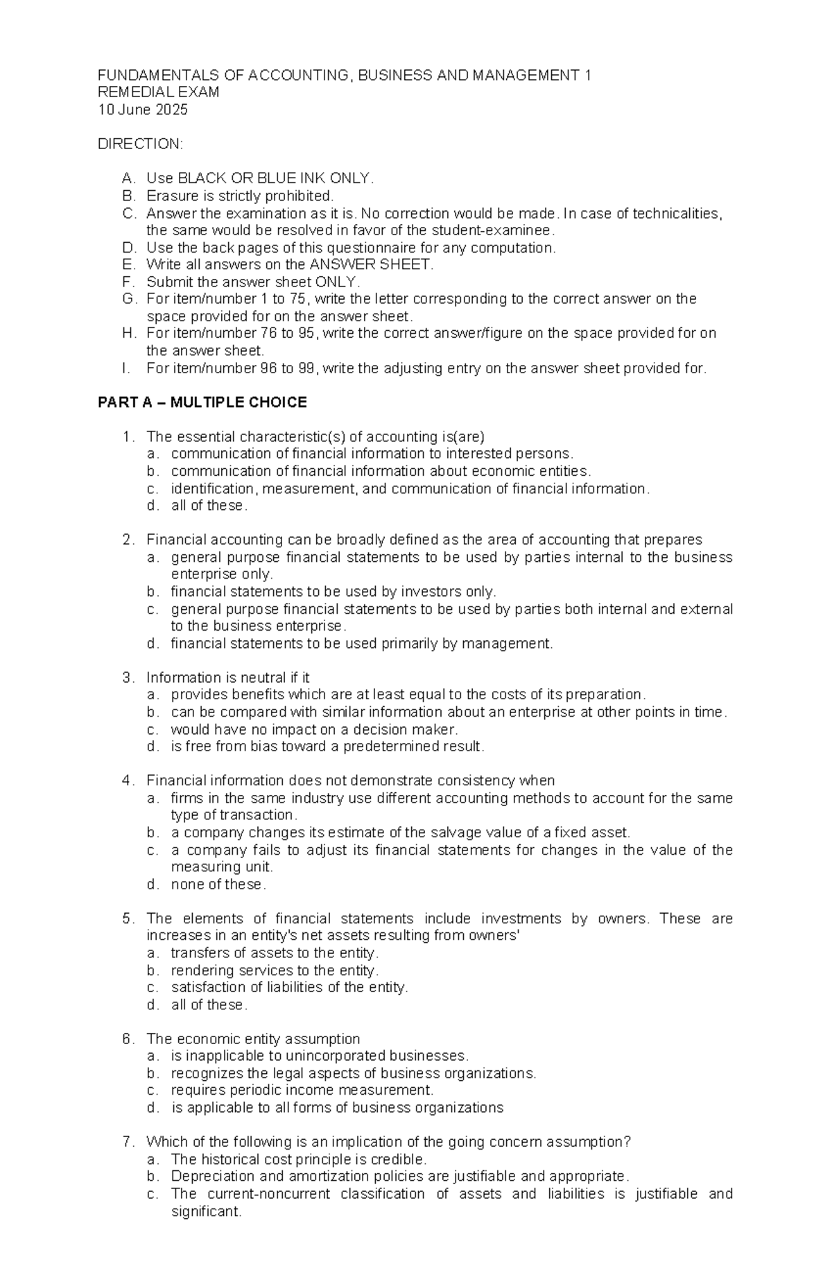 FABM 1 Remedial Exam Guide - 10 June 2025 - Studocu