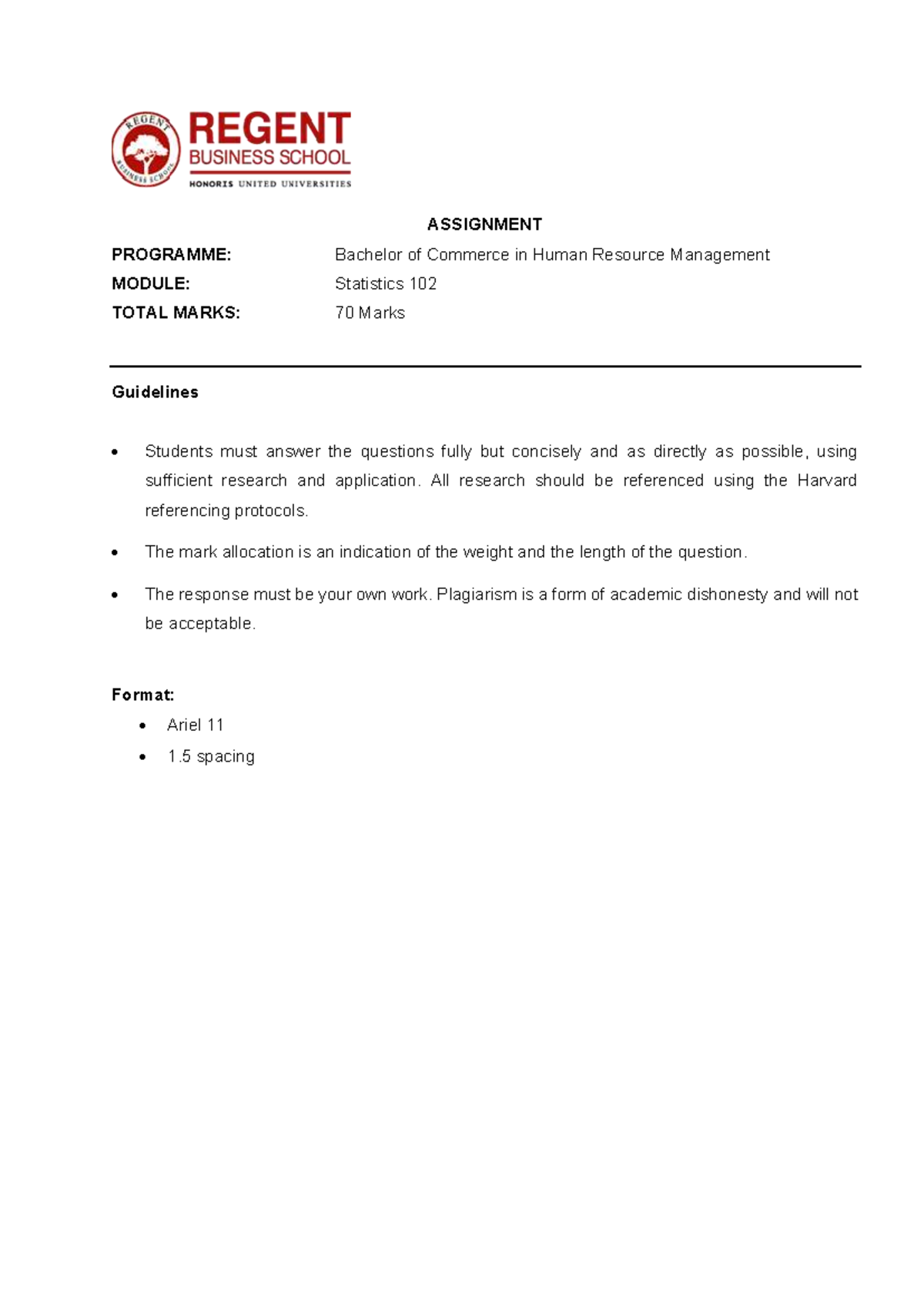 Assignment: Statistics 102 for B.Com HRM - Studocu