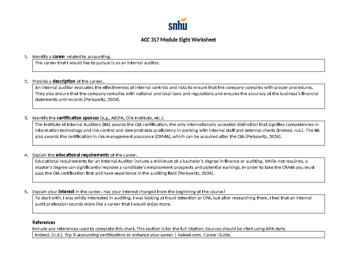 ACC 317 Module Eight Worksheet - ACC 317 Module Eight Worksheet ...