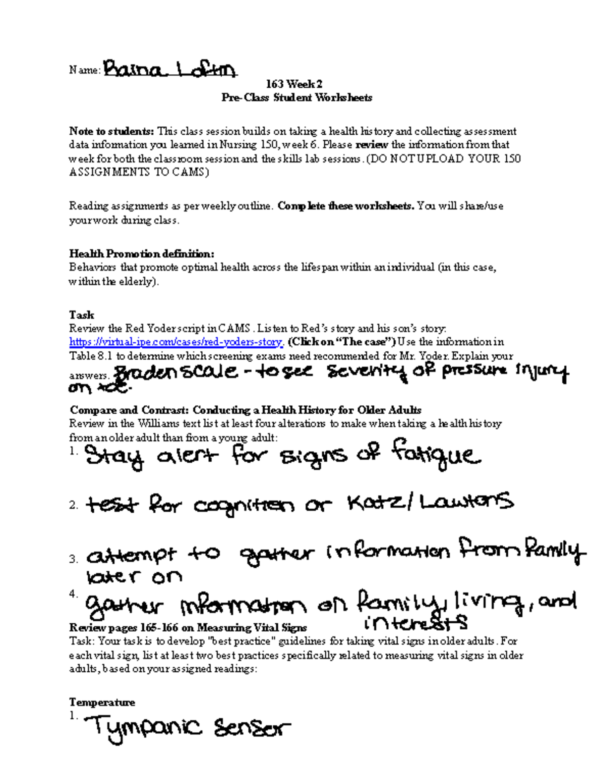 NUR 163 Week 2 Pre-Class Assignment: Health History & Vital Signs Guidelines - Studocu