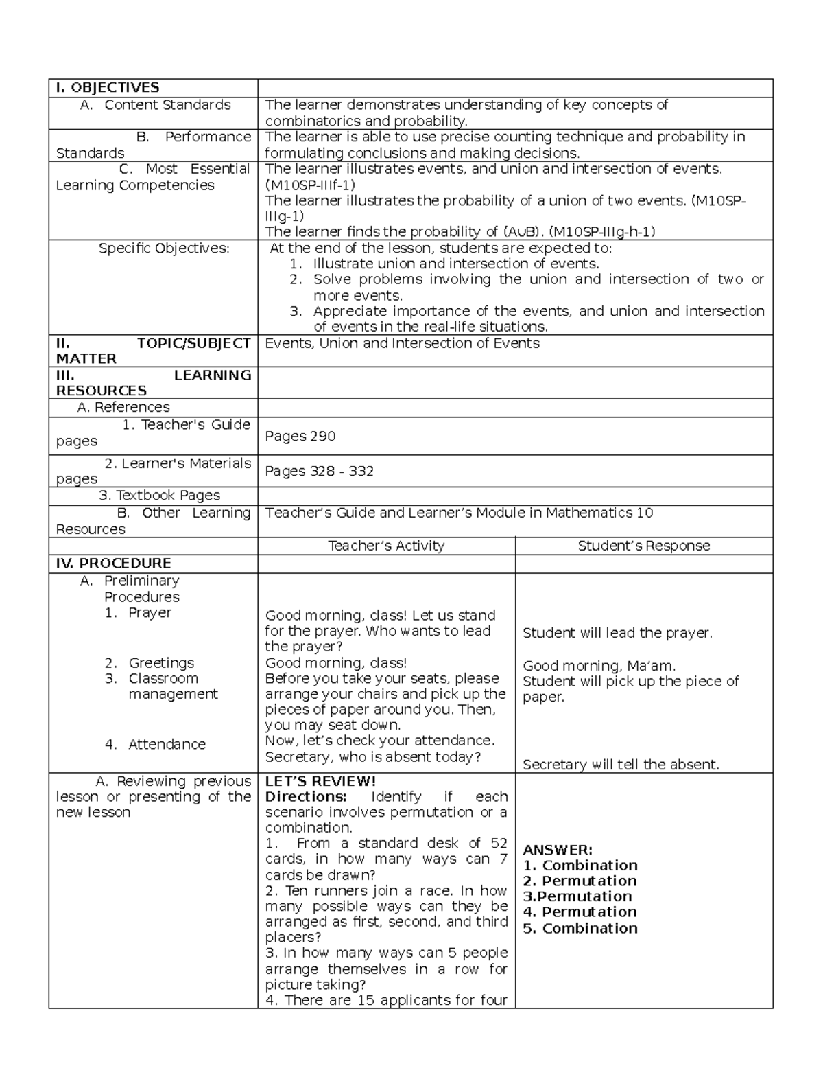 Mathematics 10: Events, Union, & Intersection of Events (M10SP-IIIf-1 ...
