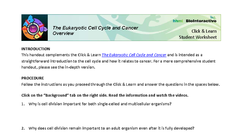Cell Cycle Overview - Student Worksheet (CL ADA) - Studocu