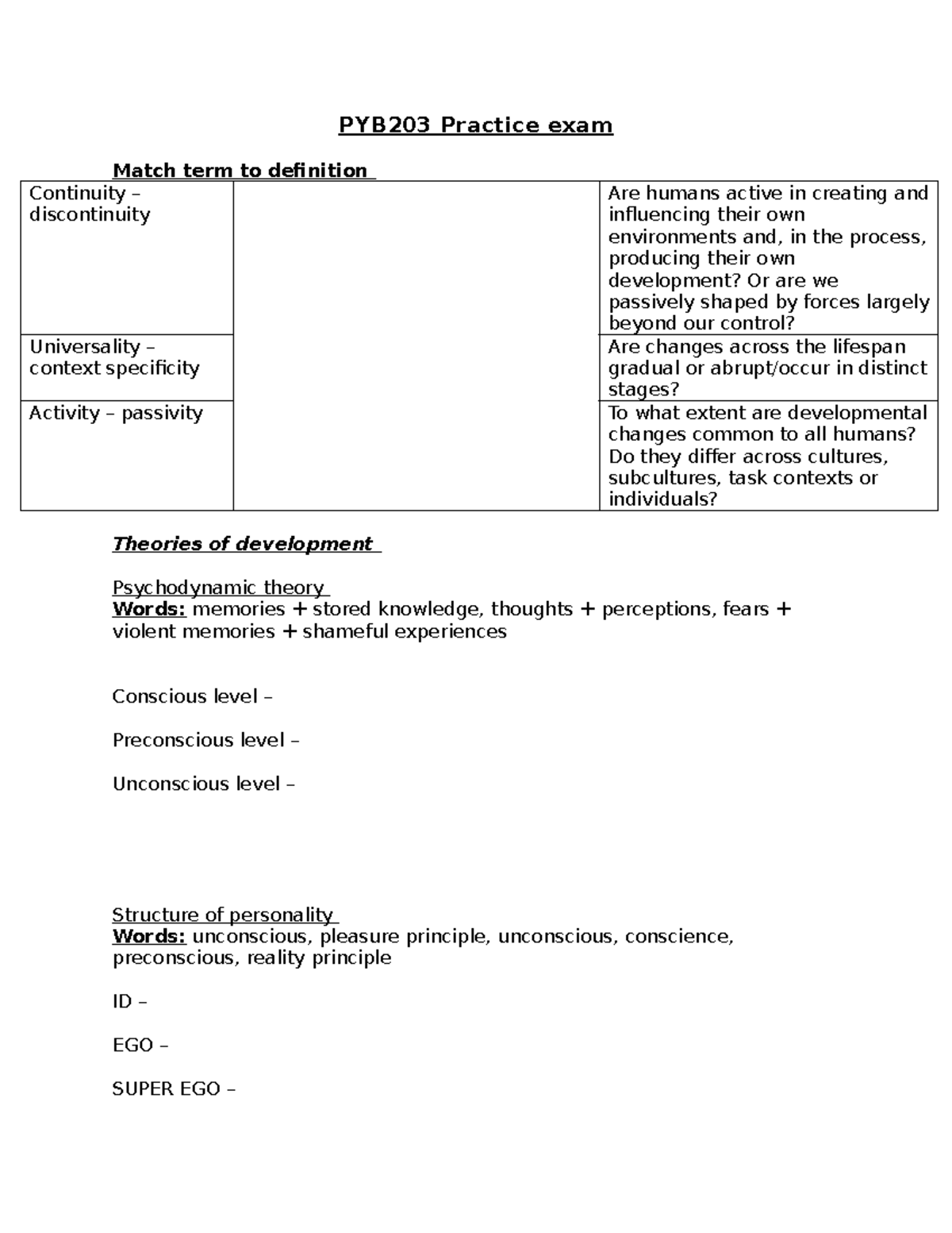 PYB203 Practice Exam: Developmental Theories & Stages Review - Studocu
