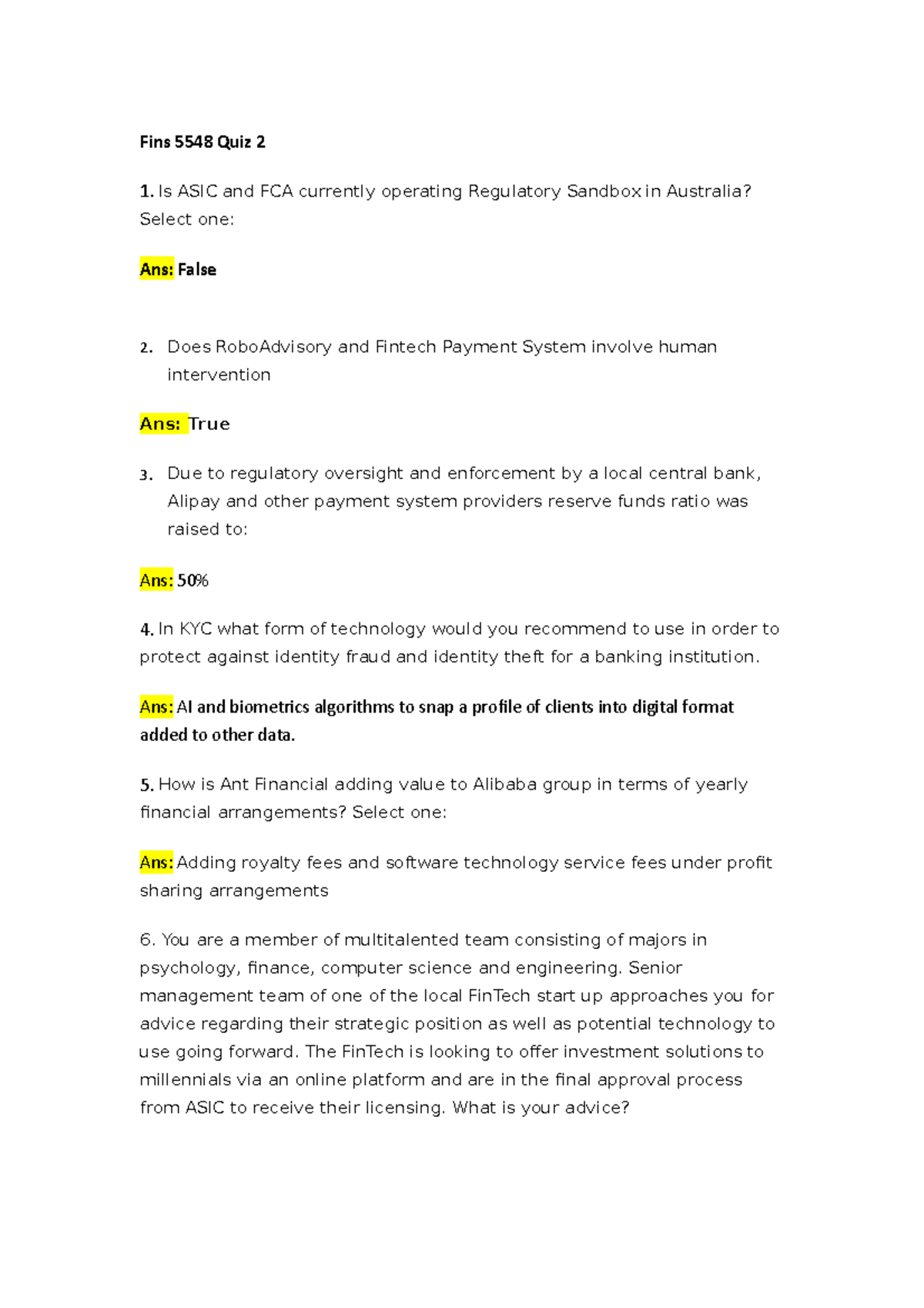 Fins 5548 Quiz 2 - Comprehensive Answers and Insights - Studocu