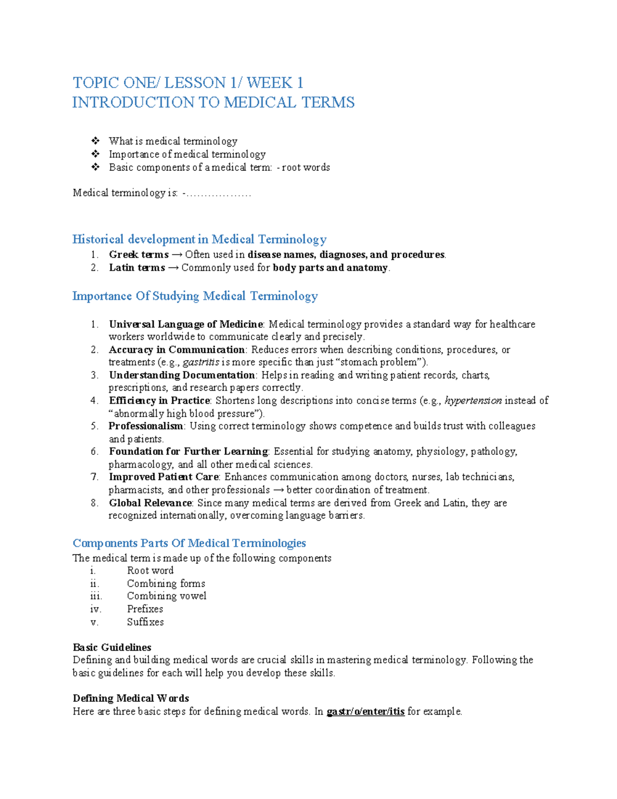 MED 101: Lesson 1 - Introduction to Medical Terminology - Studocu