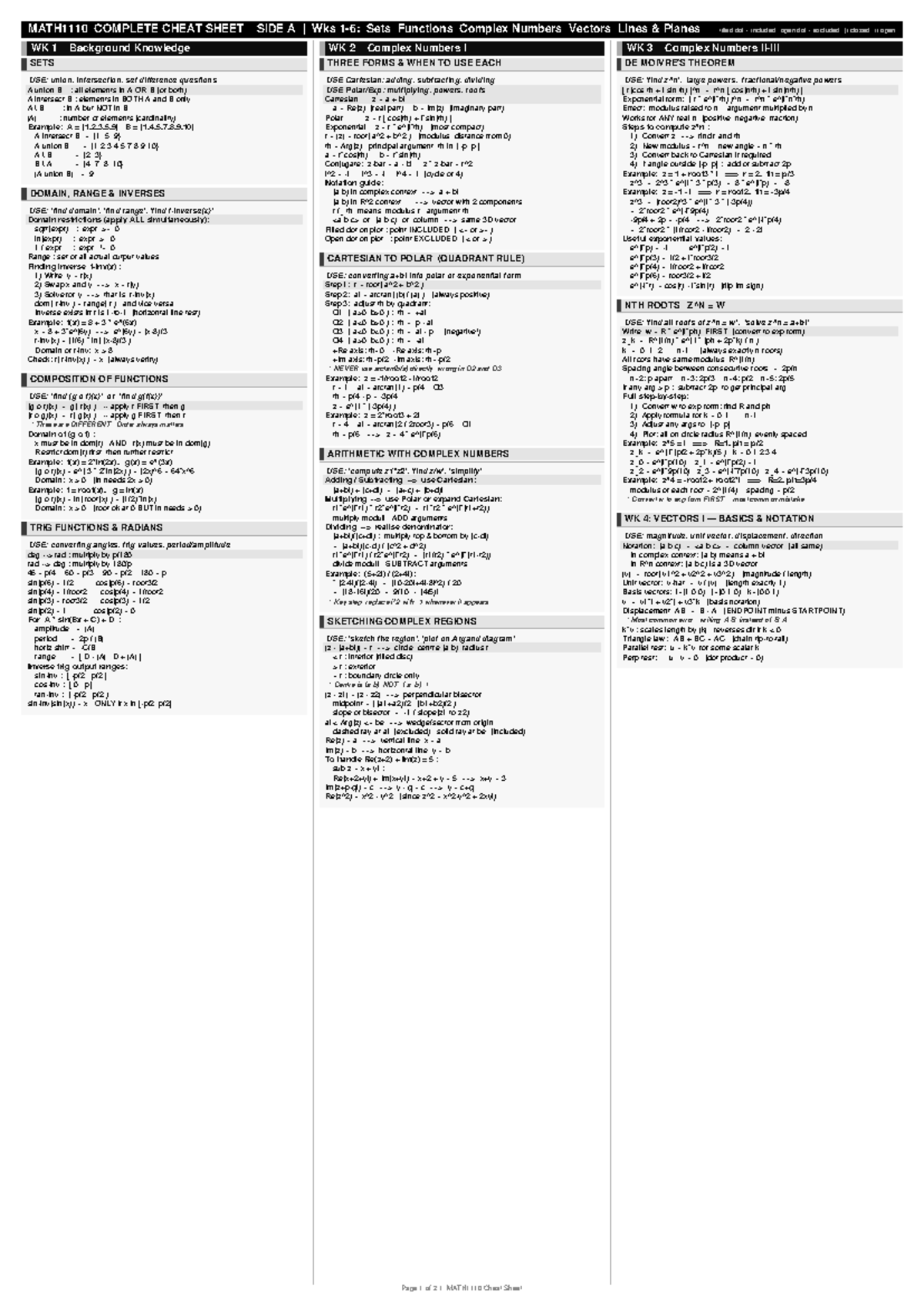 MATH1110 Complete Cheat Sheet: Complex Numbers & Vectors Overview - Studocu