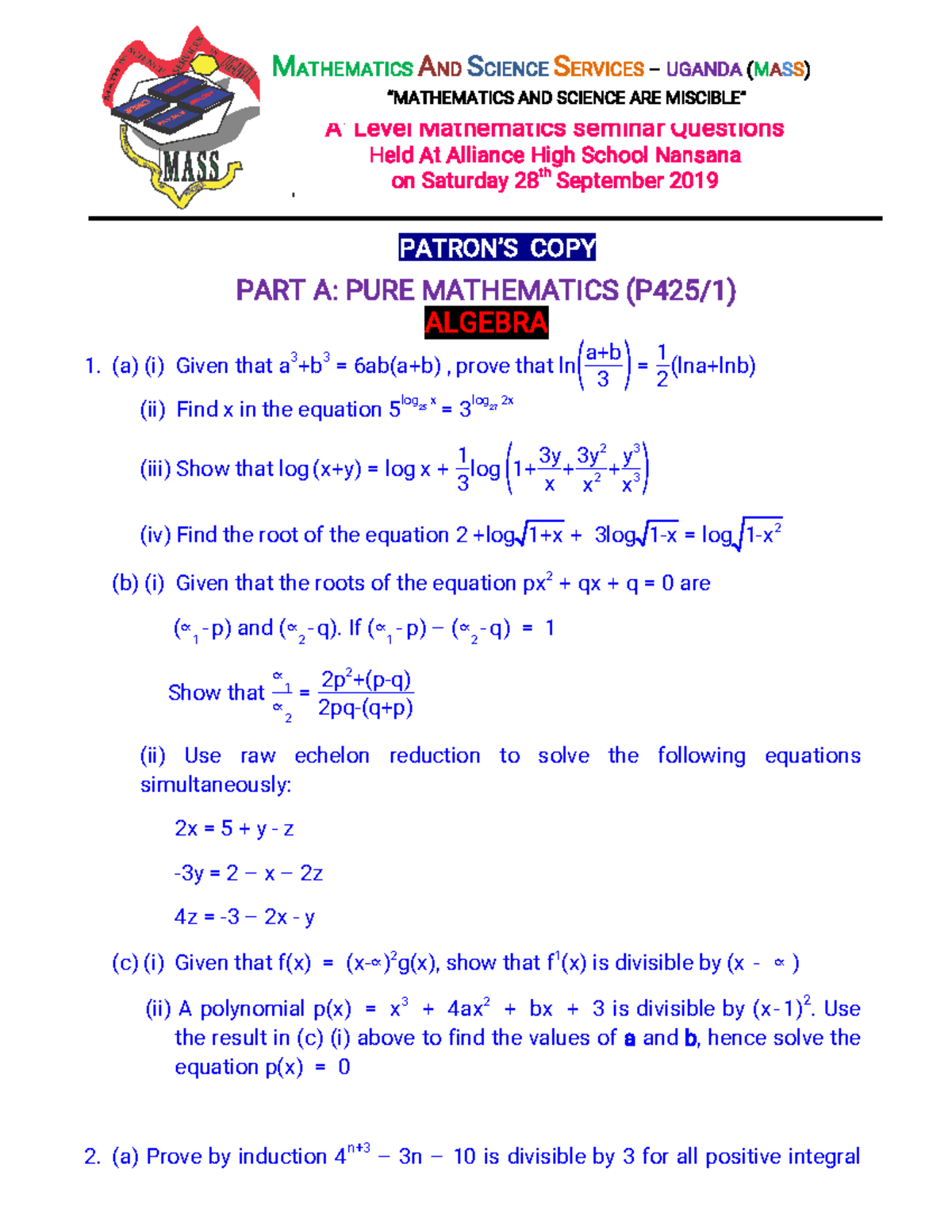 A Level Mathematics Seminar Questions - Uganda (MASS) 2019 - Studocu