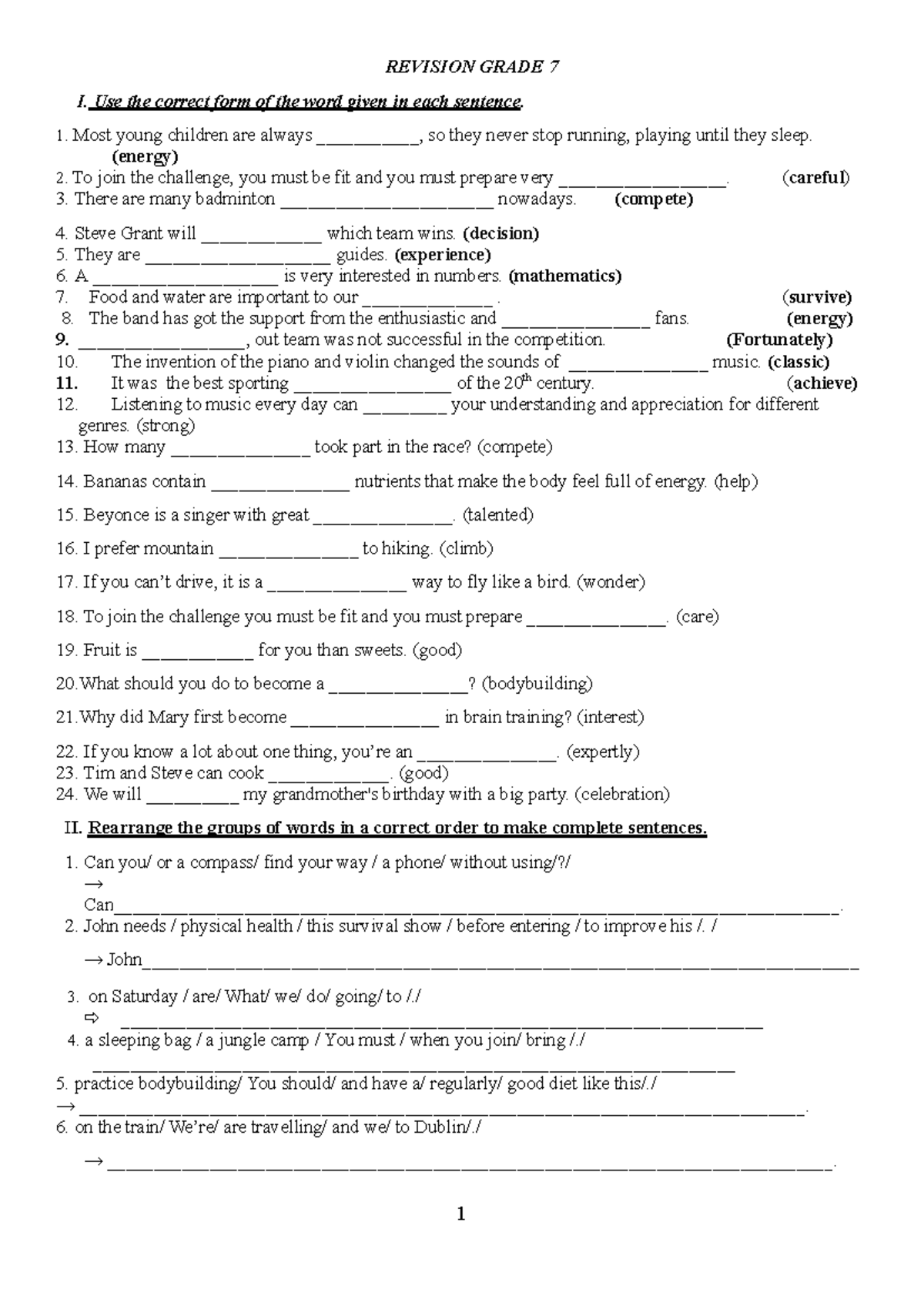 Revision Grade 7: Word Form Exercises and Sentence Rearrangement - Studocu
