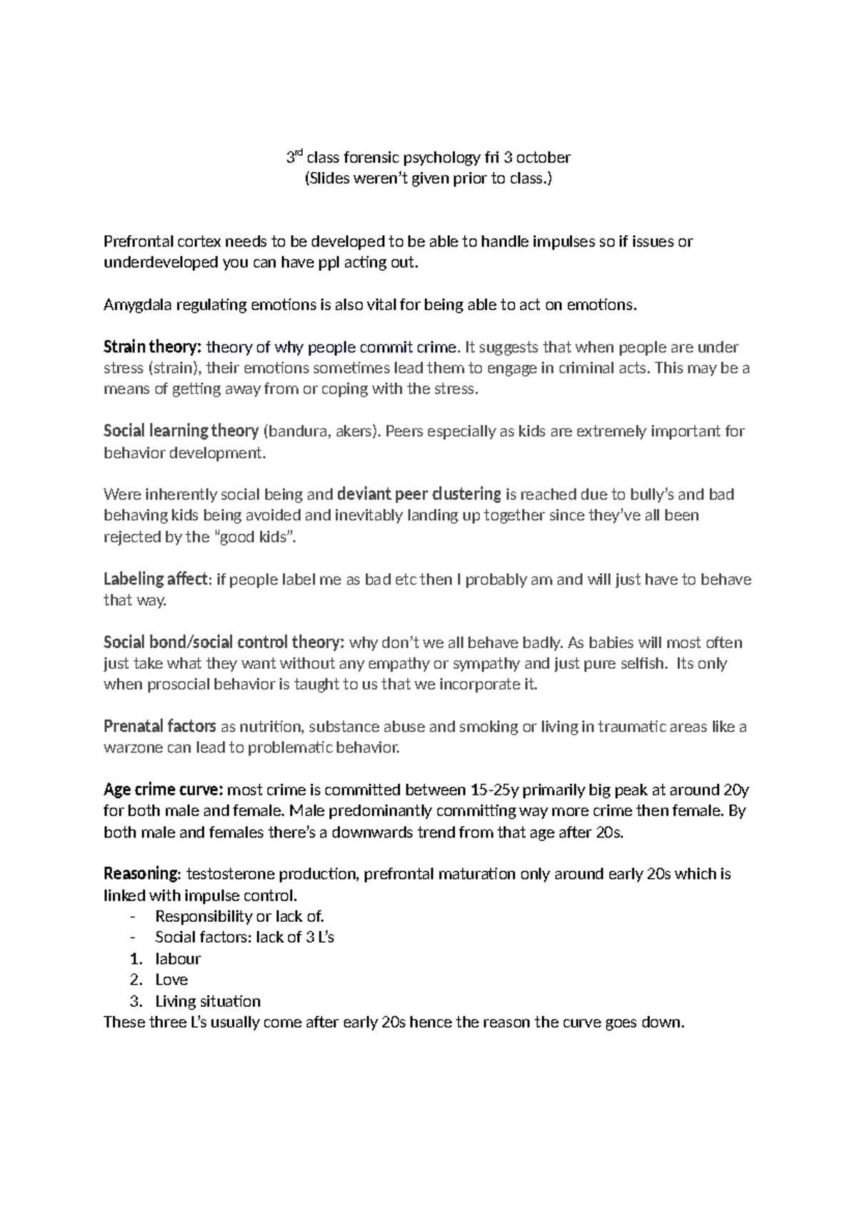 Forensic Psychology Lecture Notes - 3rd Class (Oct 3) - Studocu