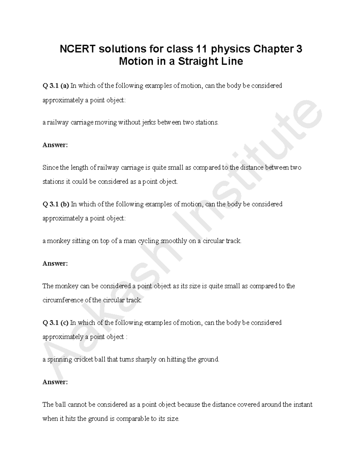 NCERT Solutions for Class 11 Physics: Chapter 3 - Motion in a Straight ...