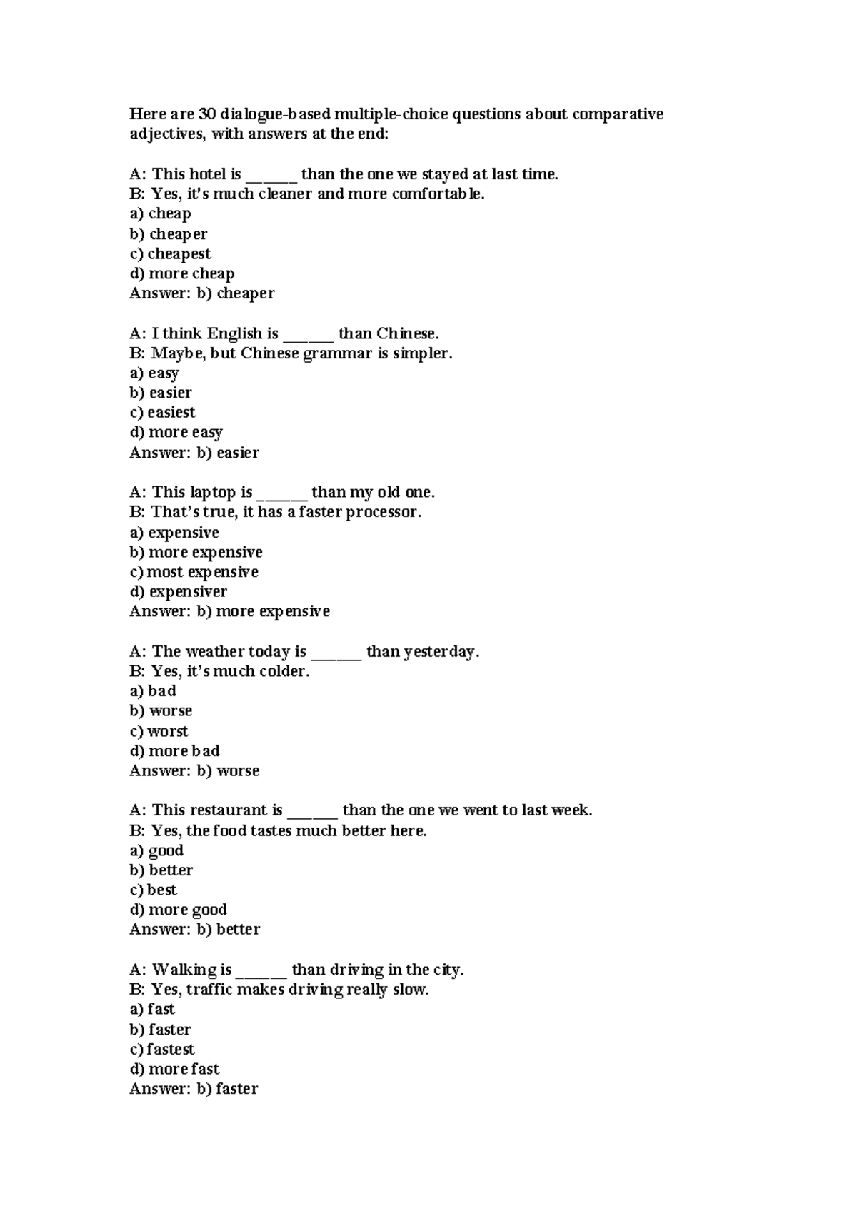 30 Dialogue Questions on Comparative Adjectives - English Test - Studocu