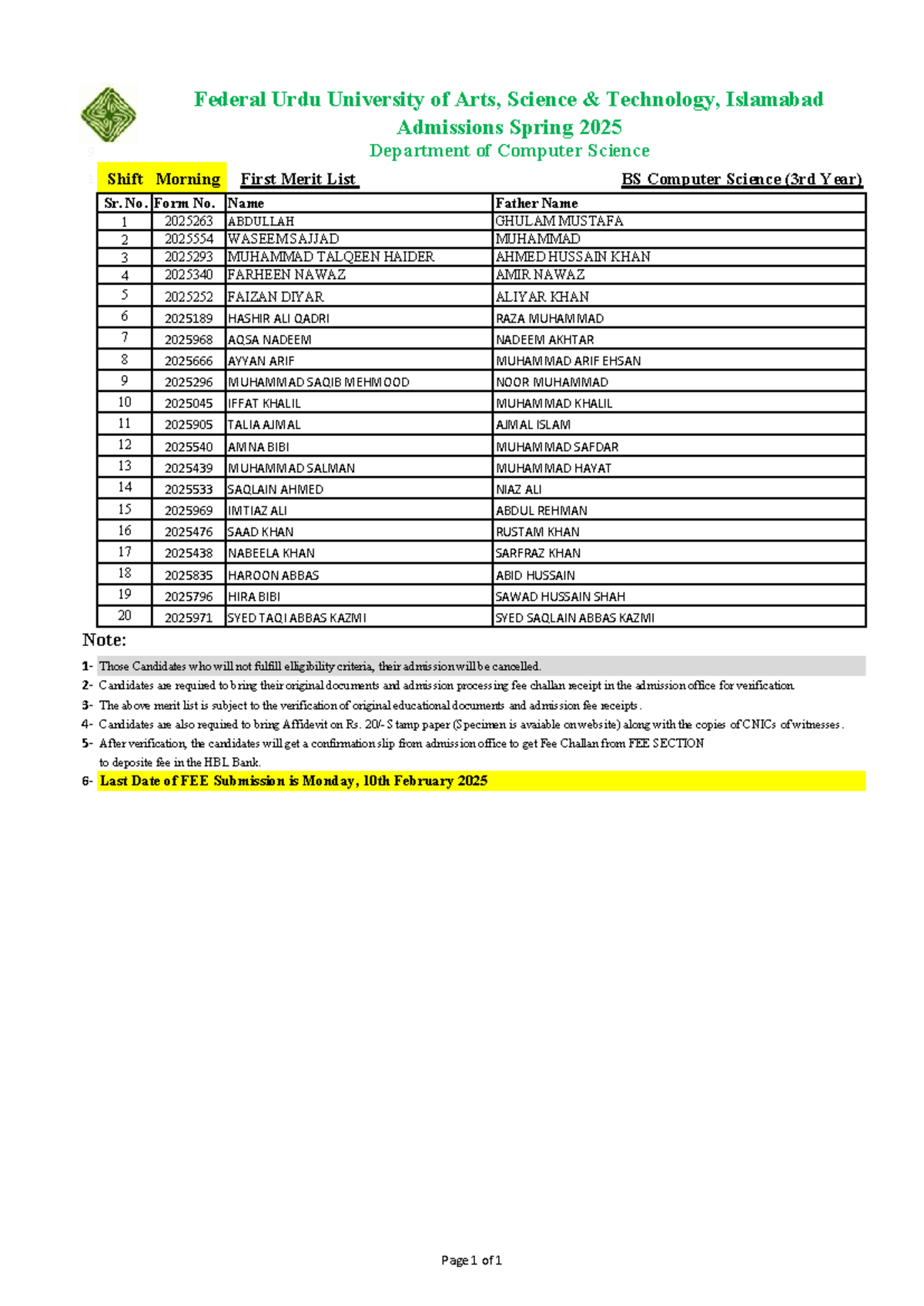 BSCS 3rd Year Morning Shift Merit List - Admissions Spring 2025 - Studocu