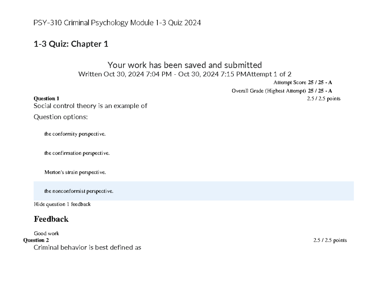 PSY-310 Criminal Psychology Module 1-3 Quiz Review 2024 - Studocu