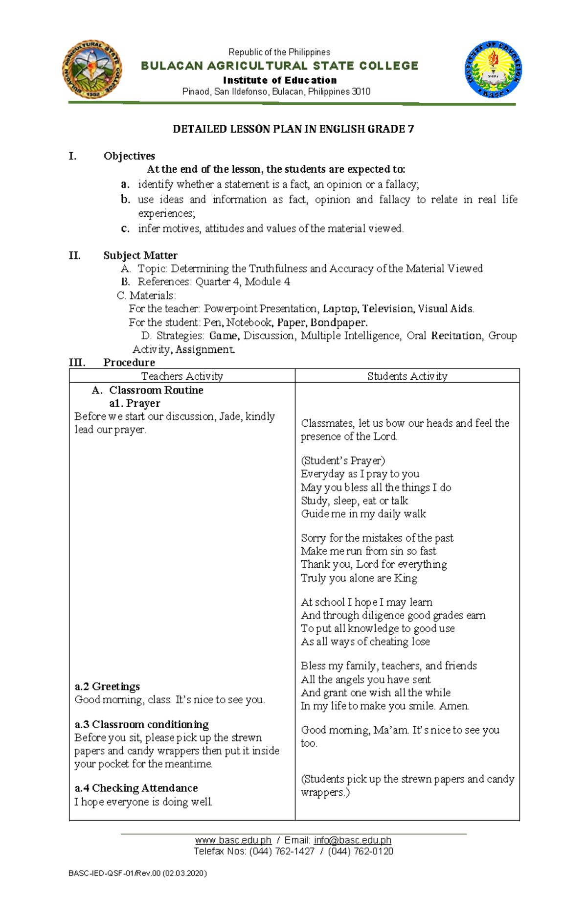Detailed Lesson Plan: English Grade 7 (LIT-101) - Fact, Opinion ...