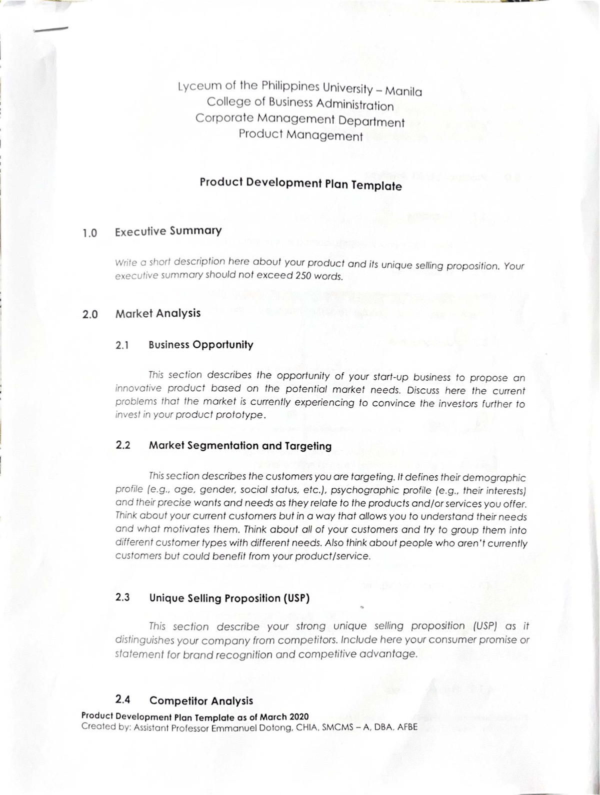 LPU Manila CBAD Product Development Plan Template 1.0 - Studocu