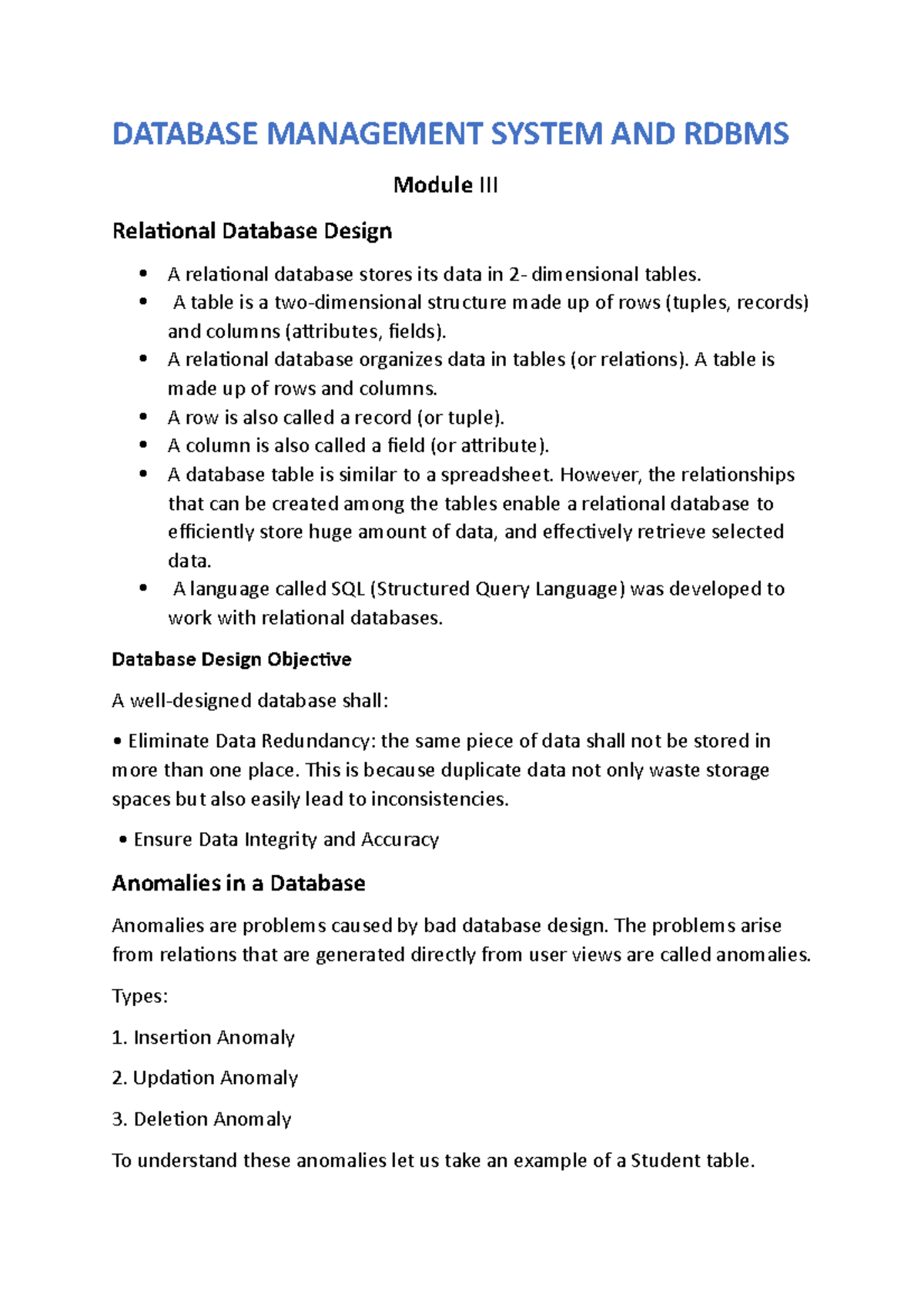 Dbms 3 - Lecture Notes on Relational DB Design and Anomalies - Studocu