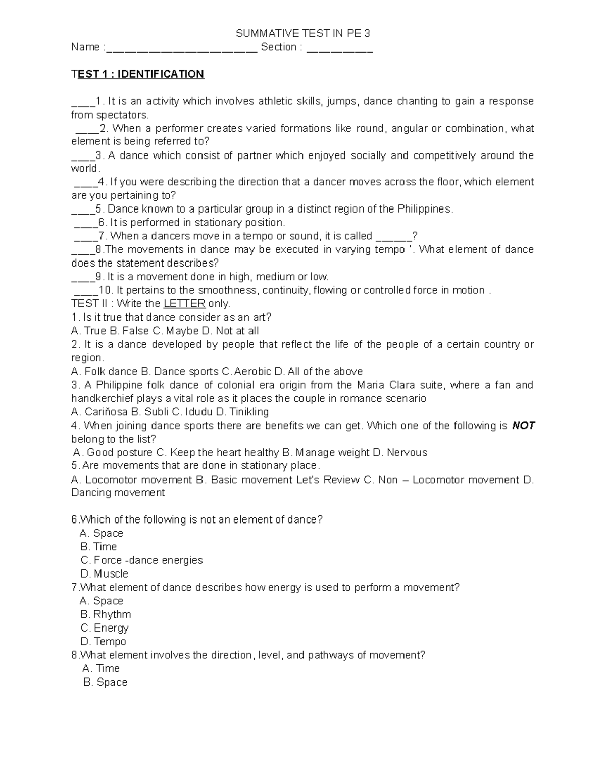 PE 3 Summative Test 1: Dance Elements Identification - Studocu
