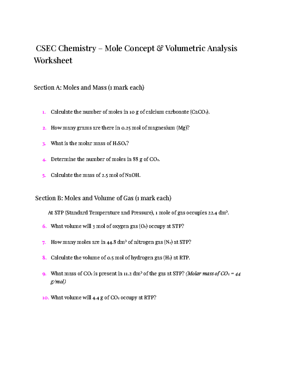 CSEC Chemistry Worksheet: Moles & Volumetric Analysis - Studocu
