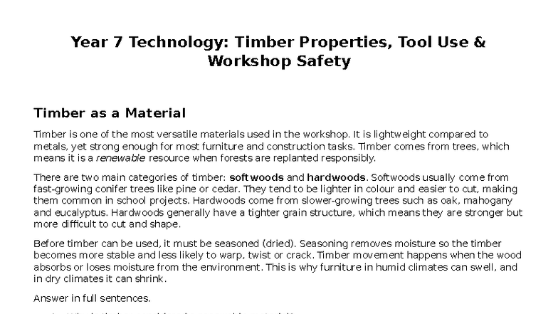 Year 7 Technology: Timber Properties & Workshop Safety Guide - Studocu