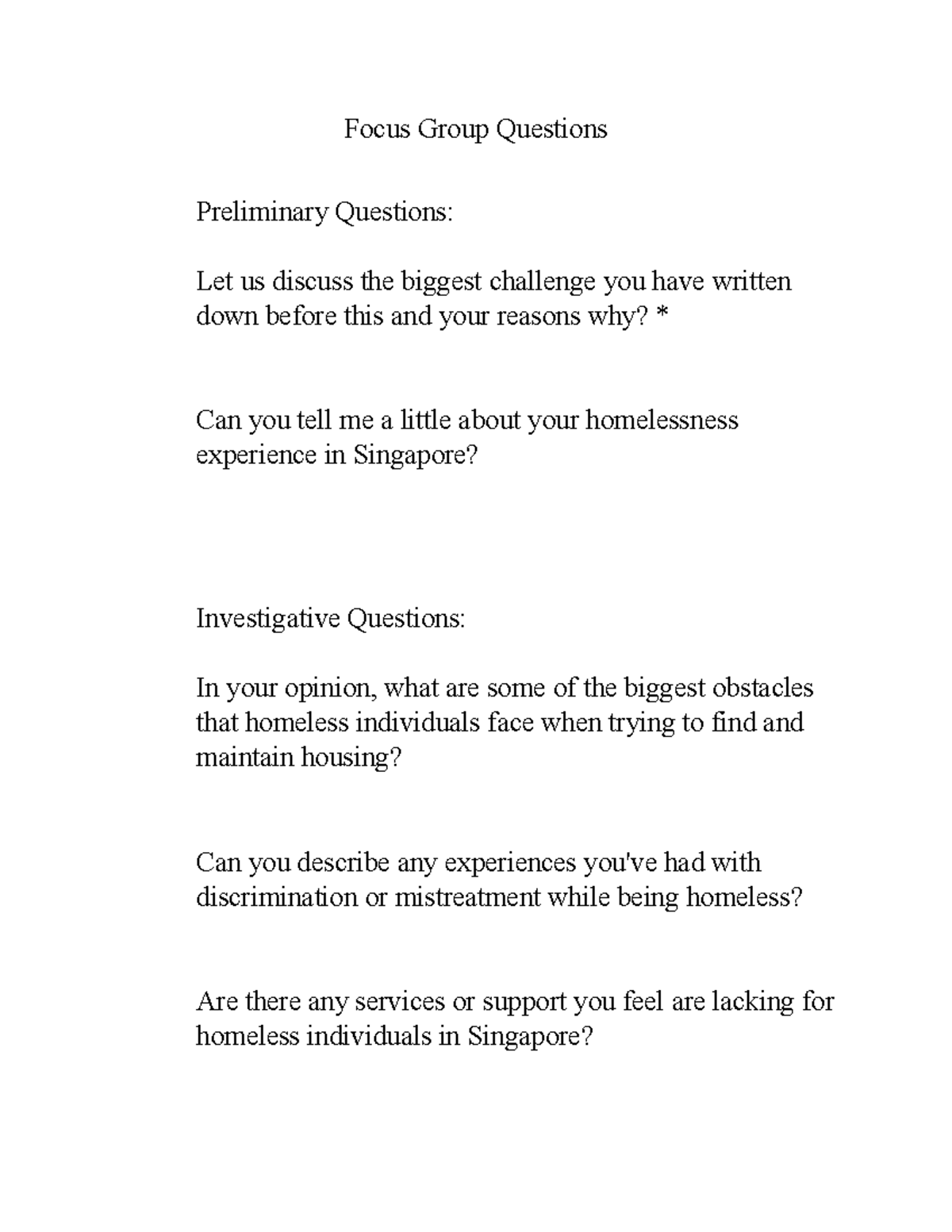 Focus Group Questions - Focus Group Questions Preliminary Questions ...