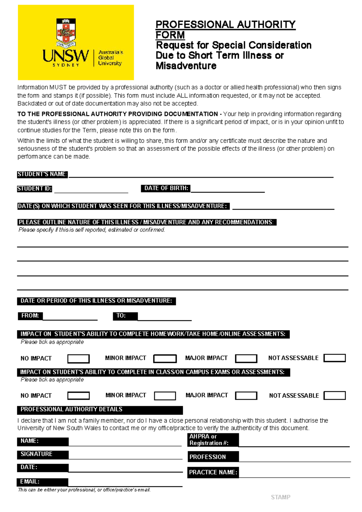 PROF AUTHORITY FORM: Request for Special Consideration Due to Illness ...
