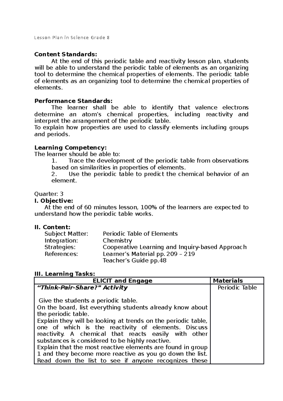 Lesson Plan: Periodic Table of Elements - Science Grade 8 Q3 - Studocu