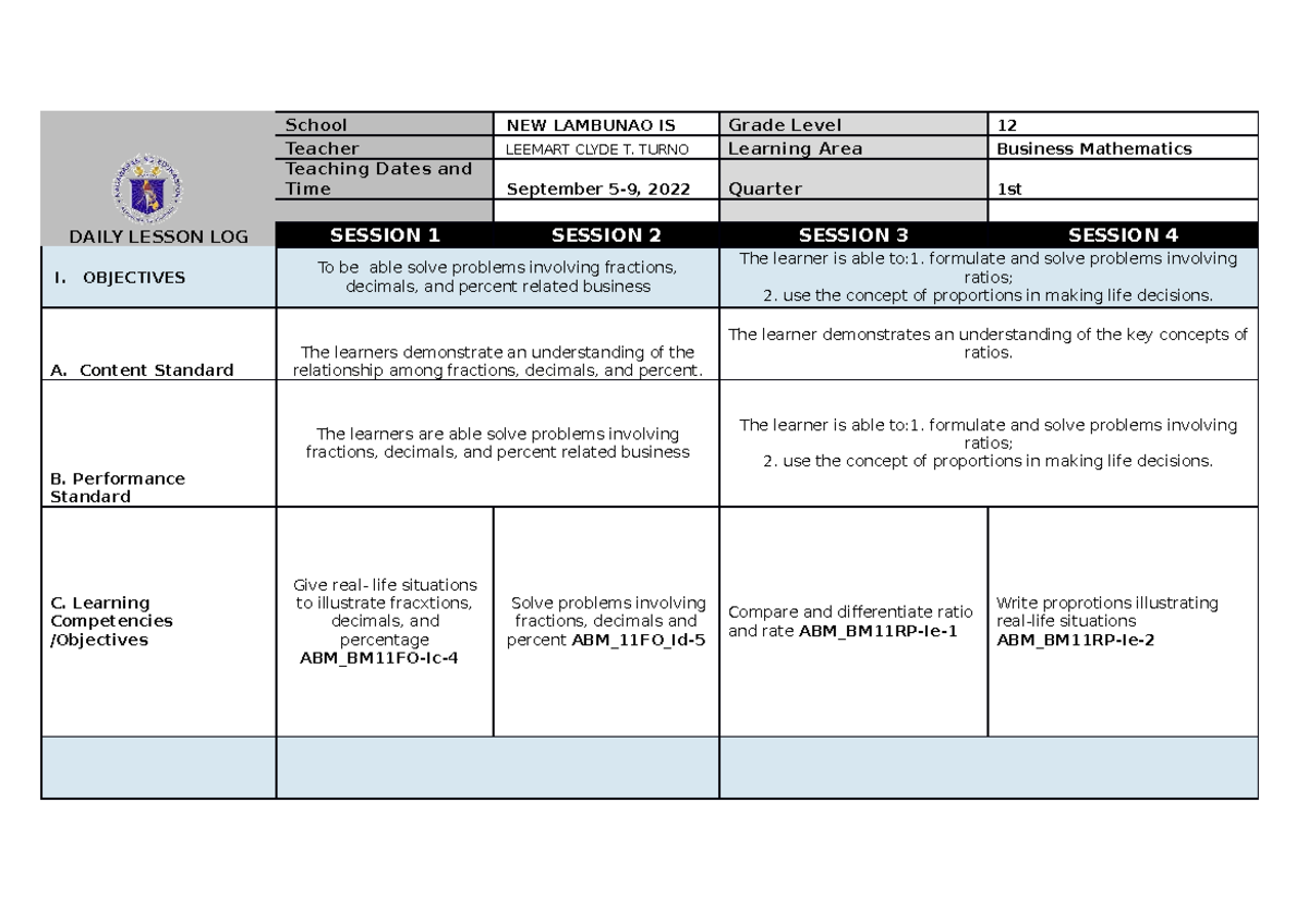Weekly Lesson Log for Business Math - Grade 12 (Week 3) - Studocu