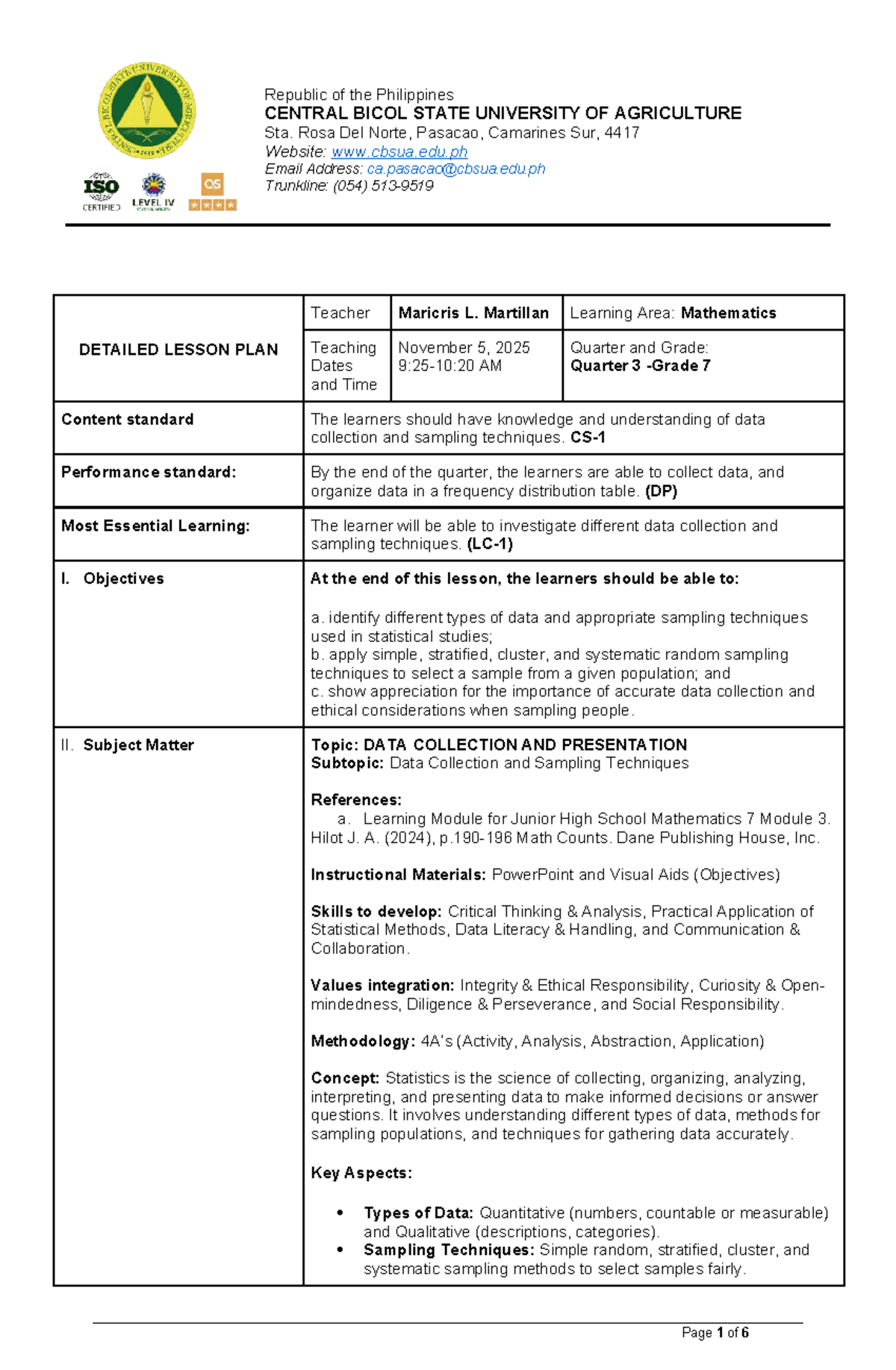 Detailed Lesson Plan on Data Collection & Sampling Techniques (Math 7 ...