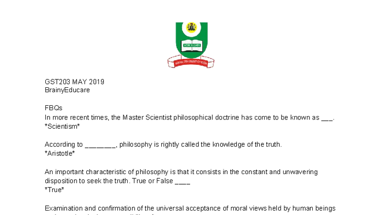 GST203 MAY 2019 Philosophy FBQs and Key Concepts - Studocu