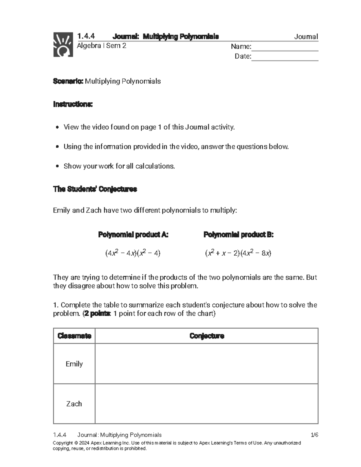Algebra I Sem 2 Journal: Analyzing Multiplying Polynomials - Studocu
