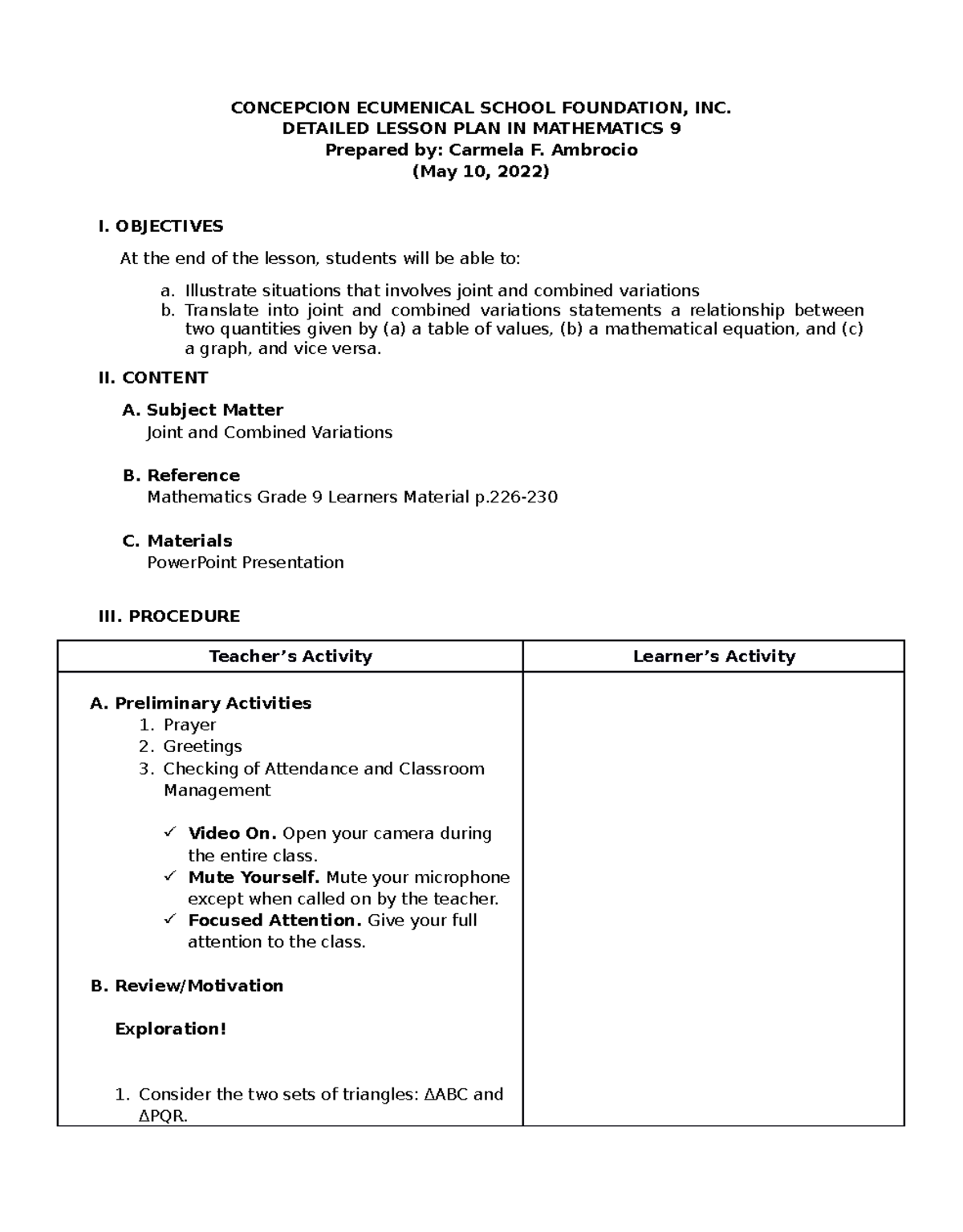 Math 9 - Detailed Lesson Plan on Joint & Combined Variations - Studocu