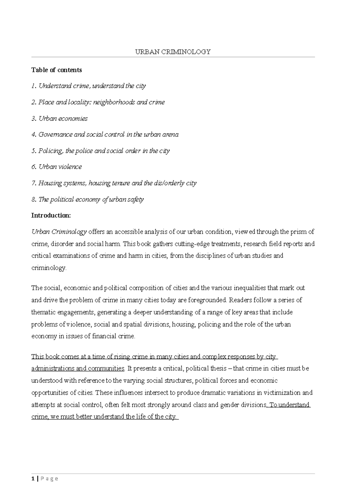 Urban Criminology - Analysis of Crime and Disorder in Cities - Studocu